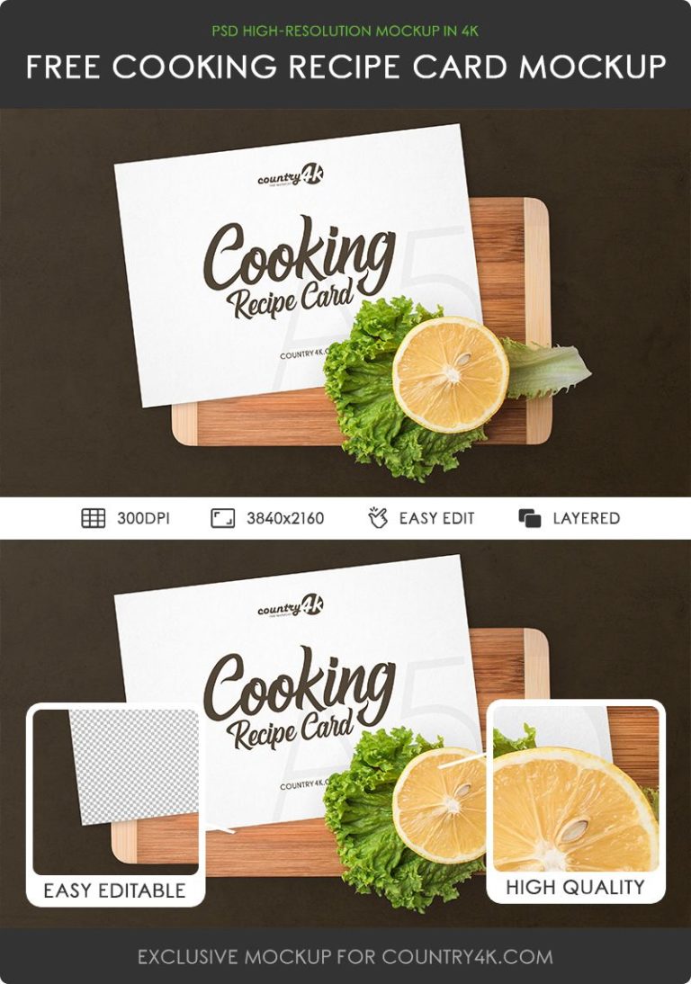 Free Cooking Recipe Card PSD MockUp in 4k - Country4k