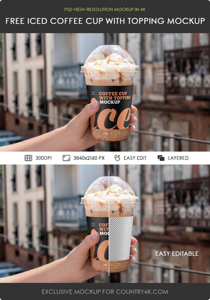 Free Iced Coffee Cup with Topping Mockup - Country4k