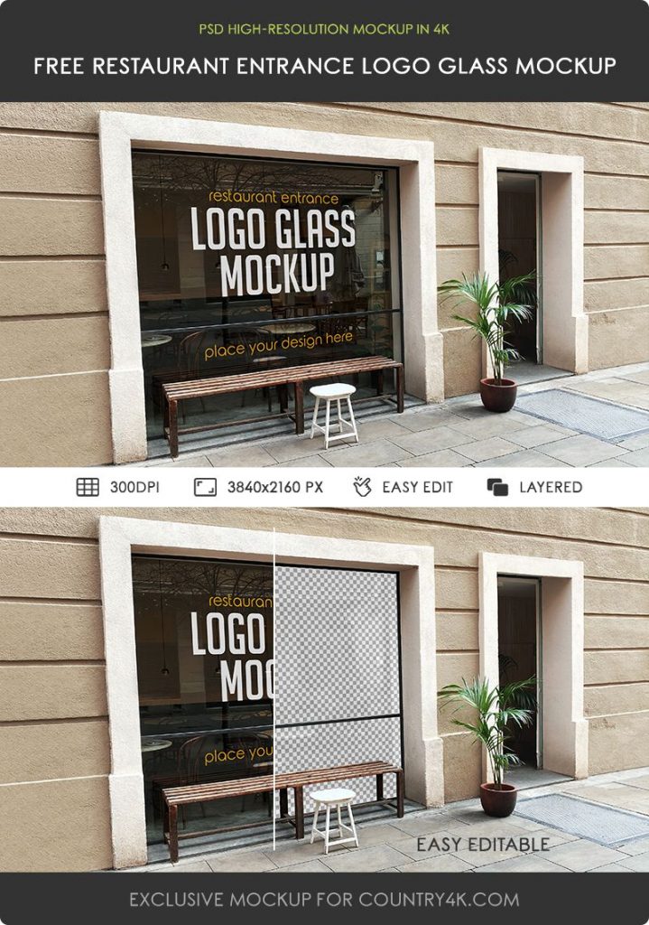 Free Restaurant Entrance Logo Glass Mockup - Country4k