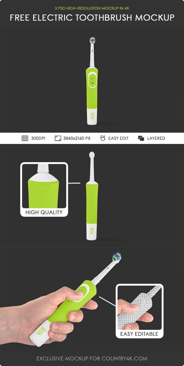Electric Toothbrush - 3 Free Mockups PSD - Country4k