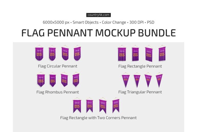 Hanging Wall Flag Pennant Mockup Bundle - Country4k