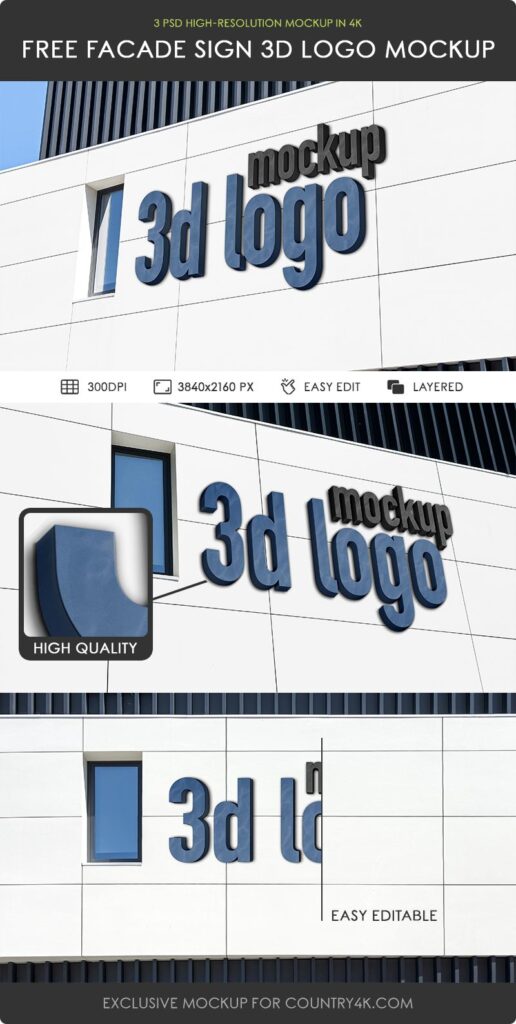 Free Facade Sign 3D Logo Mockup - Country4k